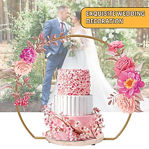 20 Inch Gold Cake Stand with Wooden Stand,Metal Arch Wedding Cake Stand,Floral Hoop Centerpiece and Cake Display Stand for Wedding Birthday Party Events Reception Decorations Supplies