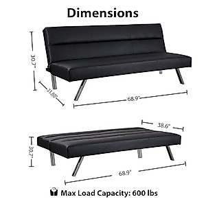 Naomi Home Black Faux Leather Futon Sofa Bed, 66"W x 31"D x 28.3"H, 3-Position Reclining, 500 lbs Weight Capacity