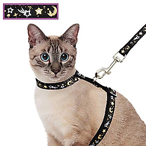 Cat Harness and Leash Set for Outdoor Walking Escape Proof Adjustable Soft Safety Strap with Golden Star and Moon Design Glow in The Dark Black Large