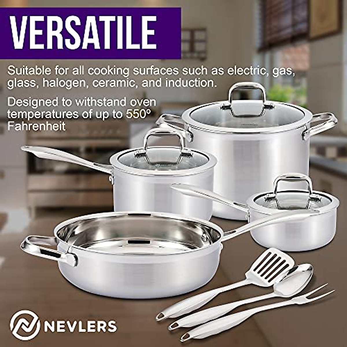 Nevlers 10 Piece Multi-Clad Tri-Ply 18/8 Stainless Steel Cookware Set - Pots and Pans Set - Makes for a Great Cooking Set for Your Kitchen - It is Dishwasher Safe Too!