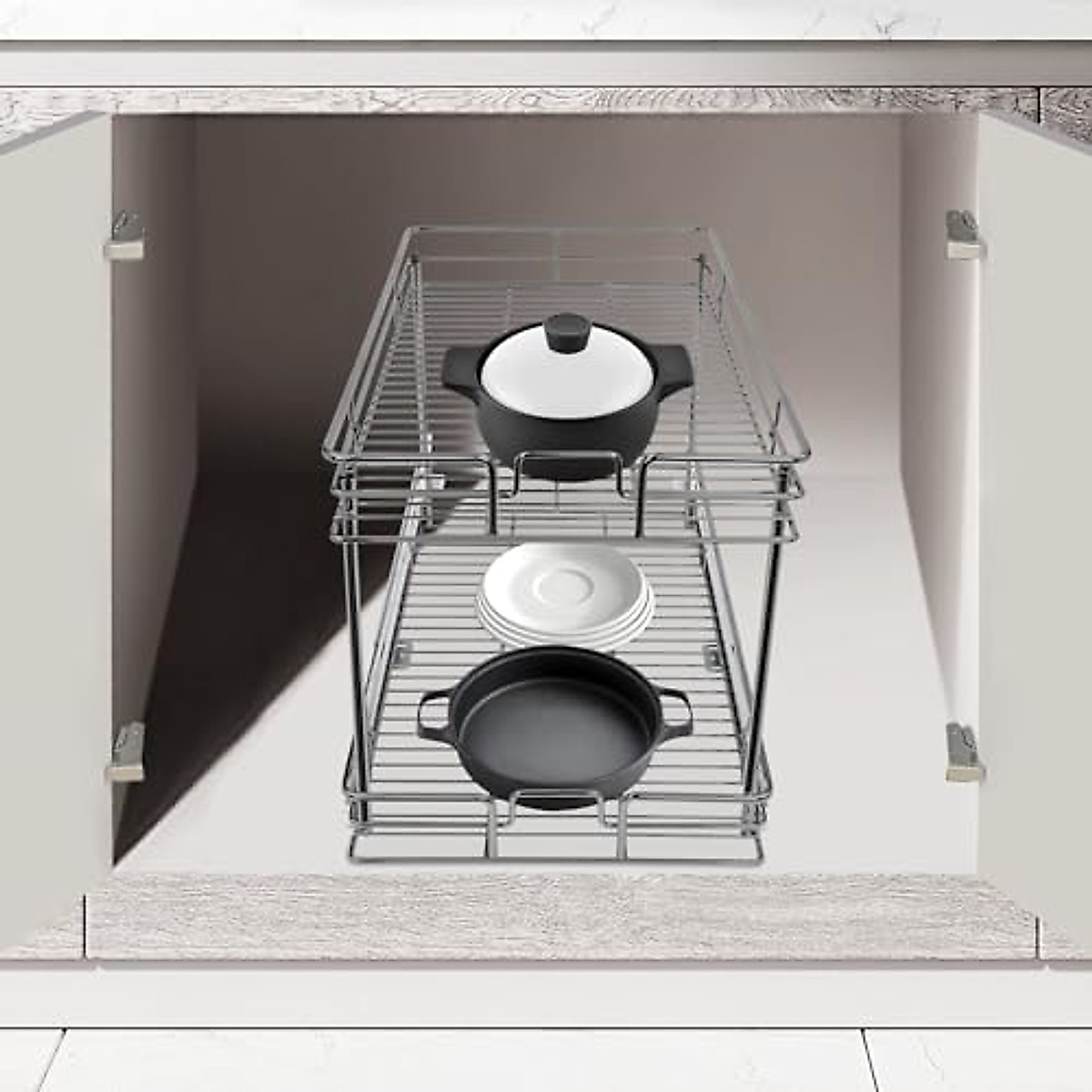 JAJADAH 2-Tier Cabinet Pull Out Shelves, Pull Out Cabinet Organizer, Kitchen Cabinet Organizer for Bathroom/Laundry Room & Kitchen (13.5" X 21.5" - Gray)