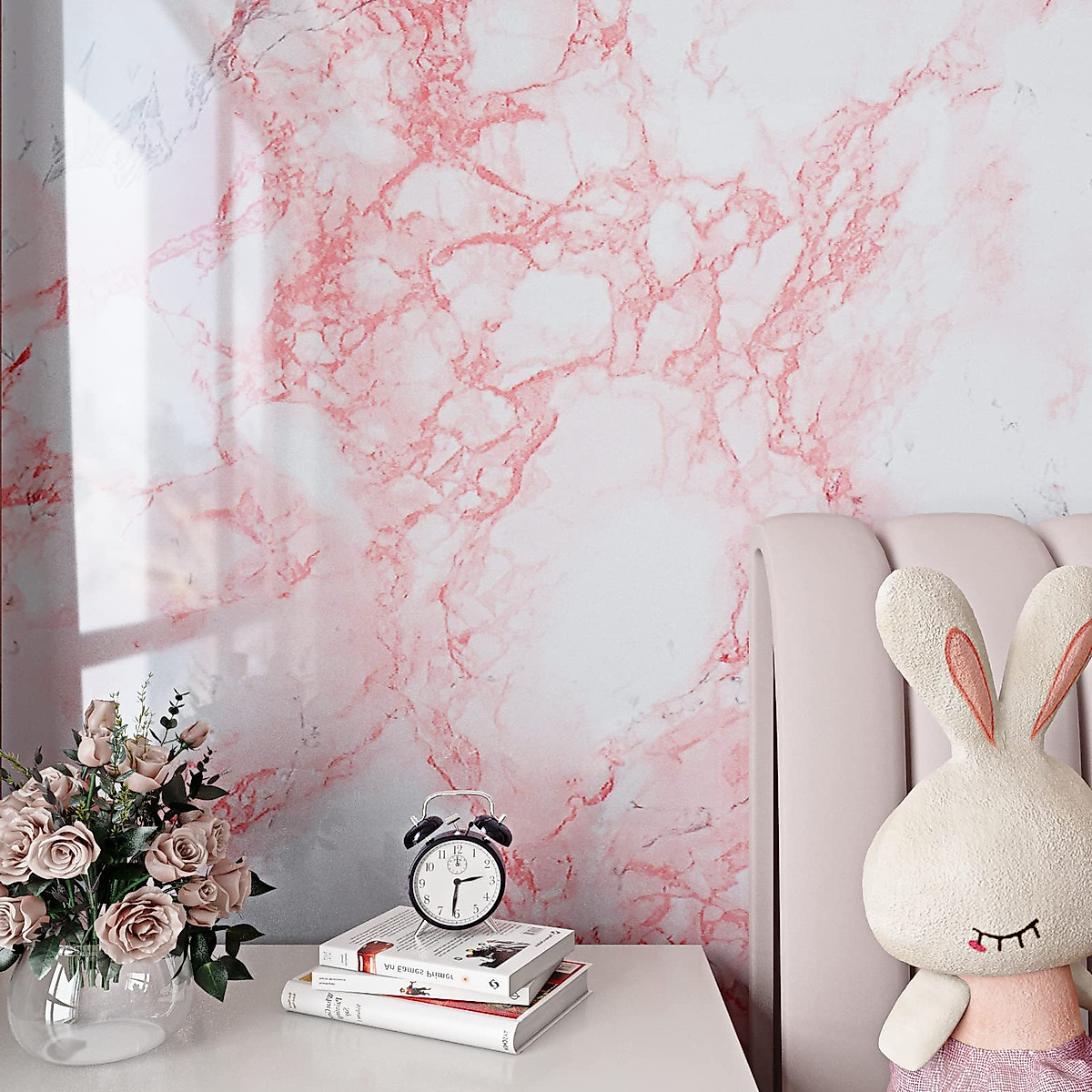 Livelynine Waterproof Pink Marble Contact Paper for Countertops Peel and Stick Marble Wallpaper Sticky Desk Wallpaper for Bedroom Dresser Cover Bathroom Counter Top Wrap Classroom Dorm Wall 15.8x78.8