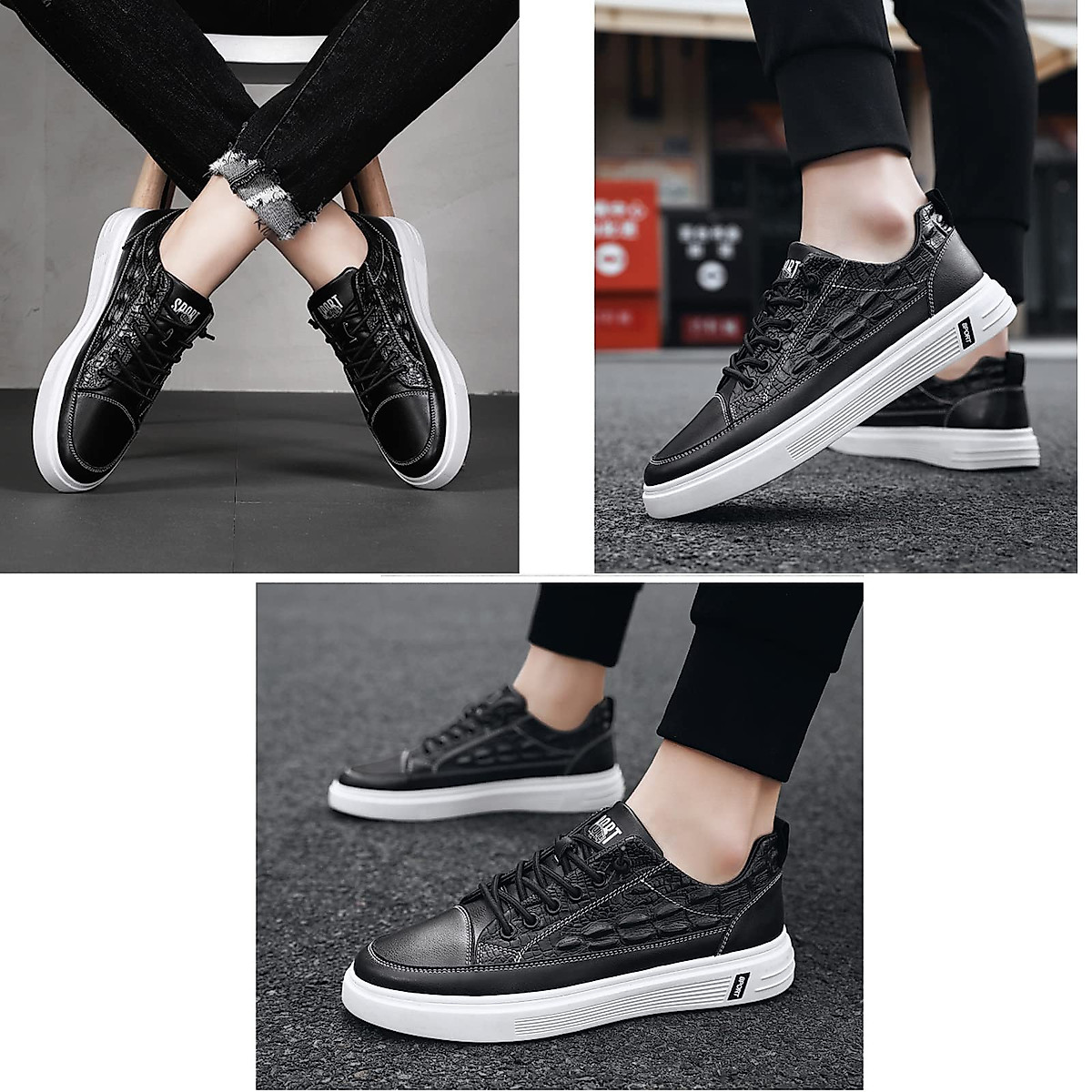 Men’s Crocodile Print Lace Up Low Top Flat Leather Sneakers Breathable Light-Weight Outdoor Causal Walking Shoes Slip On Comfortable Working Driving Non-Slip Sports Shoes (white and black,7)