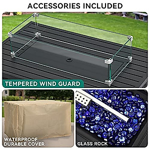 YITAHOME 42in 50,000 BTU Outdoor Propane Gas Fire Pit Table, CSA Approved Pull-Out Steel Tabletop PE Rattan Auto-Ignition Gas Firepit with Removable Lid, Glass Wind Guard, Glass Rock & Cover, (Black)