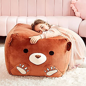 IKASA Bean Bag Chair Cover for Kids - Stuffed Animal Toy Storage Beanbag Chairs Bags for Toddler Girls Boys for Organizing Childrens Plush Toys - Soft Plush Long YKK Zipper (Brown Bear, Large)