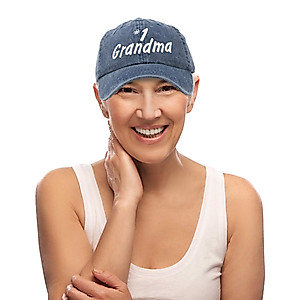 DALIX Number 1 Grandma Hat Gift Washed Cotton Baseball Cap in Washed Denim Navy Blue
