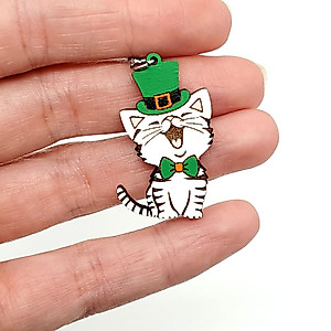 Pingyongchang St. Patrick's Day Earrings Irish Shamrock Rainbow Wood Dangle Drop Earrings Handmade Green Clover Cat Dog Wooden Earrings for Women Holiday Good Lucky Jewelry Gift-Cat