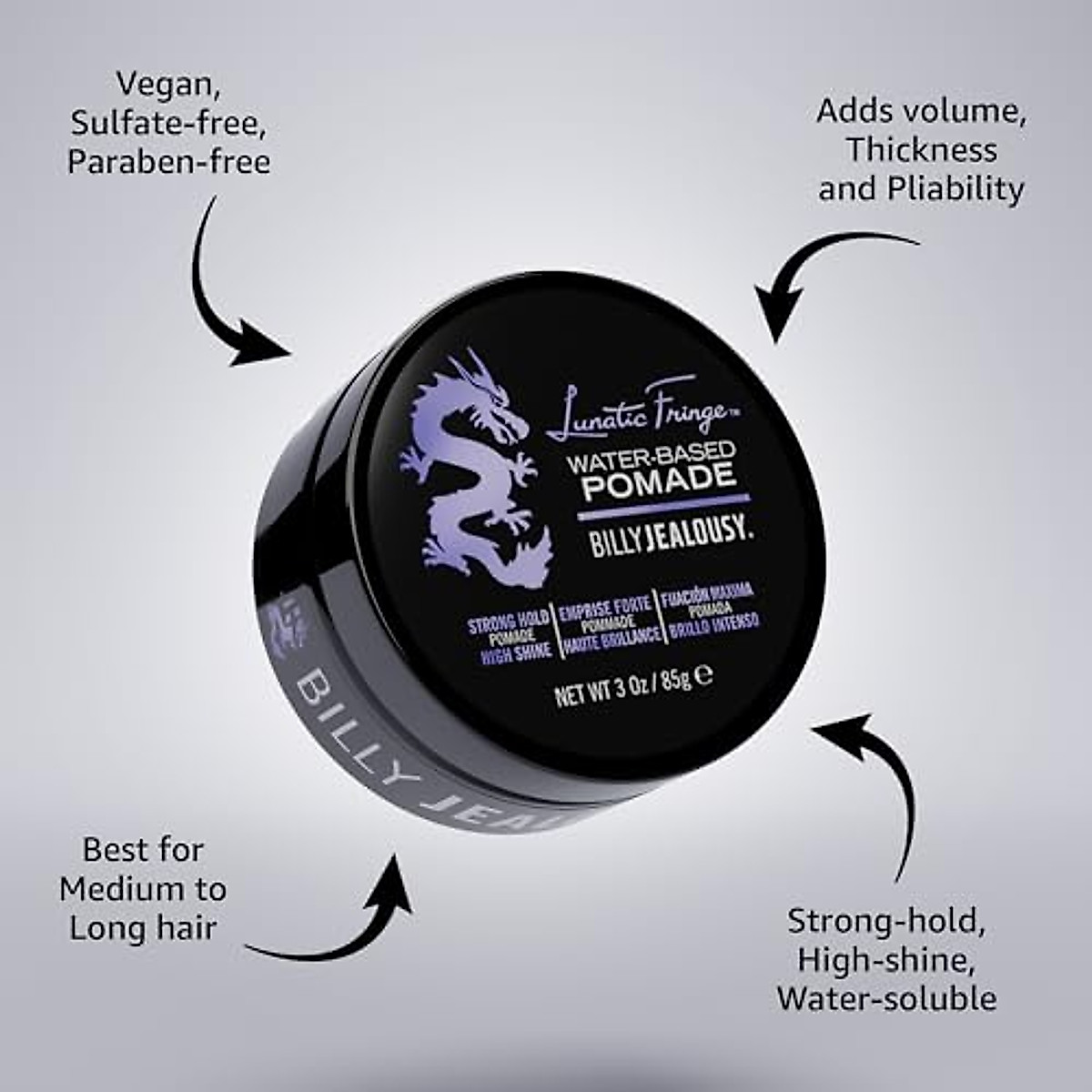 Billy Jealousy Lunatic Fringe Water-Based Pomade for Men, Strong Hold, High Shine, Water Soluble and Vegan Hair Product Ideal for Medium to Long Thick Mane, 3 oz