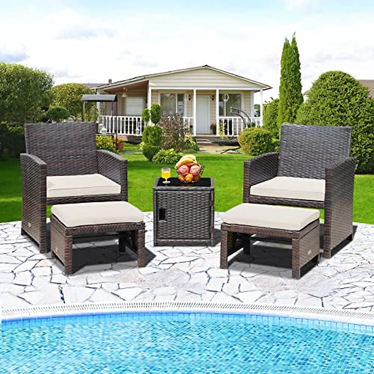 Tangkula 5 Pieces Wicker Patio Furniture Set, Patiojoy Conversation Chair and Ottoman Set with Single-Door Storage Coffee Table and Cushions, Outdoor Lounge Chair Chat Set, Space-Saving (Off White)
