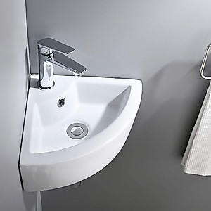 VOKIM Small Corner Wall Mount Bathroom Sink and Faucet Combo with Overflow White Porcelain Ceramic Above Counter Mini Vanity Vessel Sink with Chrome Faucet and Pop-up Drain Combo