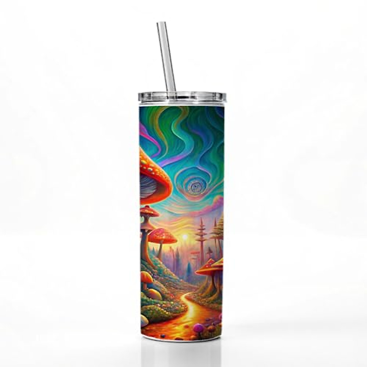 Psychedelic Lots of Mushrooms Vibrant Colors Skinny Tumbler 20oz with Straw Insulated Water Bottle Gift