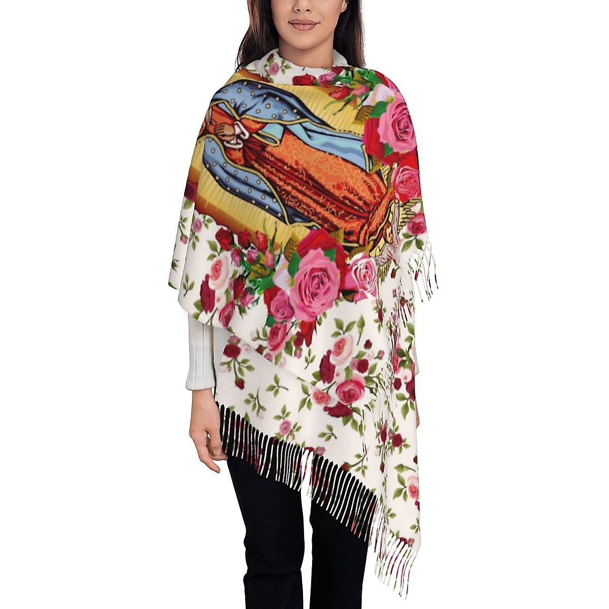 Puurbol Virgen de Guadalupe Women Blanket Scarf Shawls Virgin Mary Catholic Rose