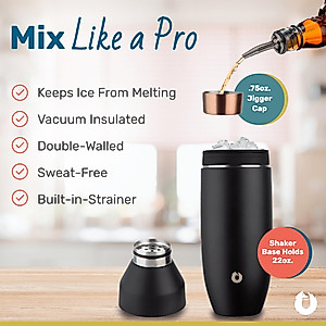 SNOWFOX C90024-15 Premium Vacuum Insulated Stainless Steel Cocktail Shaker-Home Bar Accessories-Elegant Drink Mixer-Leak-Proof Lid With Jigger & Built-In Strainer-Black/Gold-22oz.