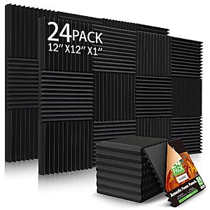 24 Pack Acoustic Panels, 1" X 12" X 12" Acoustic Foam Panels, Sound Proof Foam Panels, Self-Adhesive Soundproof Wall Panels,Fire-Proofed Soundproofing Wedges,Acoustic Treatment Foam for Home-Black