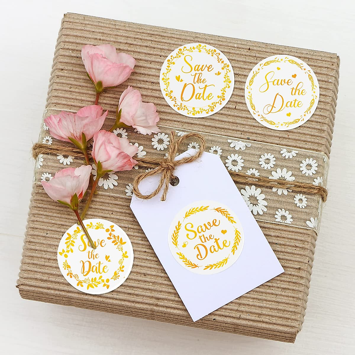 Save The Date Stickers Labels 500 Pieces Per Roll Real Gold Foil Embossed Envelope Stickers for Birthday Wedding Baby Shower Party Invitation 1.5 Inch