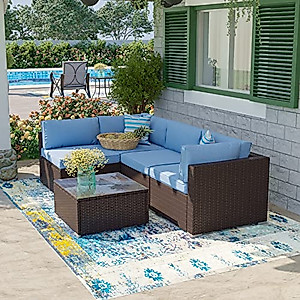 SUNBURY 5-Piece Outdoor Sectional Brown Wicker Sofa, PE Rattan Patio Furniture Set w Blue Cushion, Tempered Glass Table, Weatherproof Cover for Backyard