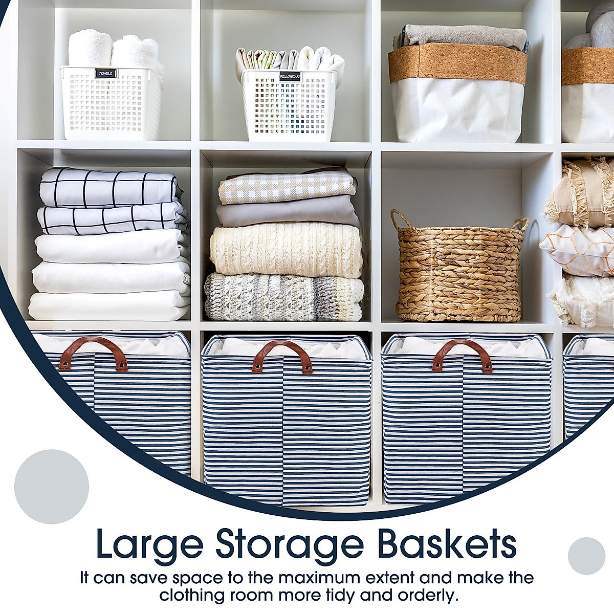 8 Pack 70L Extra Large Storage Bins 22 x 15 x 13 Inch Large Blanket Basket for Shelves Canvas Storage Bin with Handle and Drawstring Cover for Clothing Comforters Toys Bedding, Closet Organizers