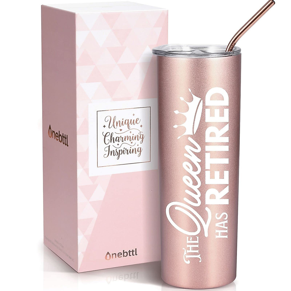 Onebttl Retirement Gifts for Women, Funny Retirement Tumbler 20oz, Retired Gifts for Coworkers, Grandma, Friends - Rose Gold (The Queen Has Retired)