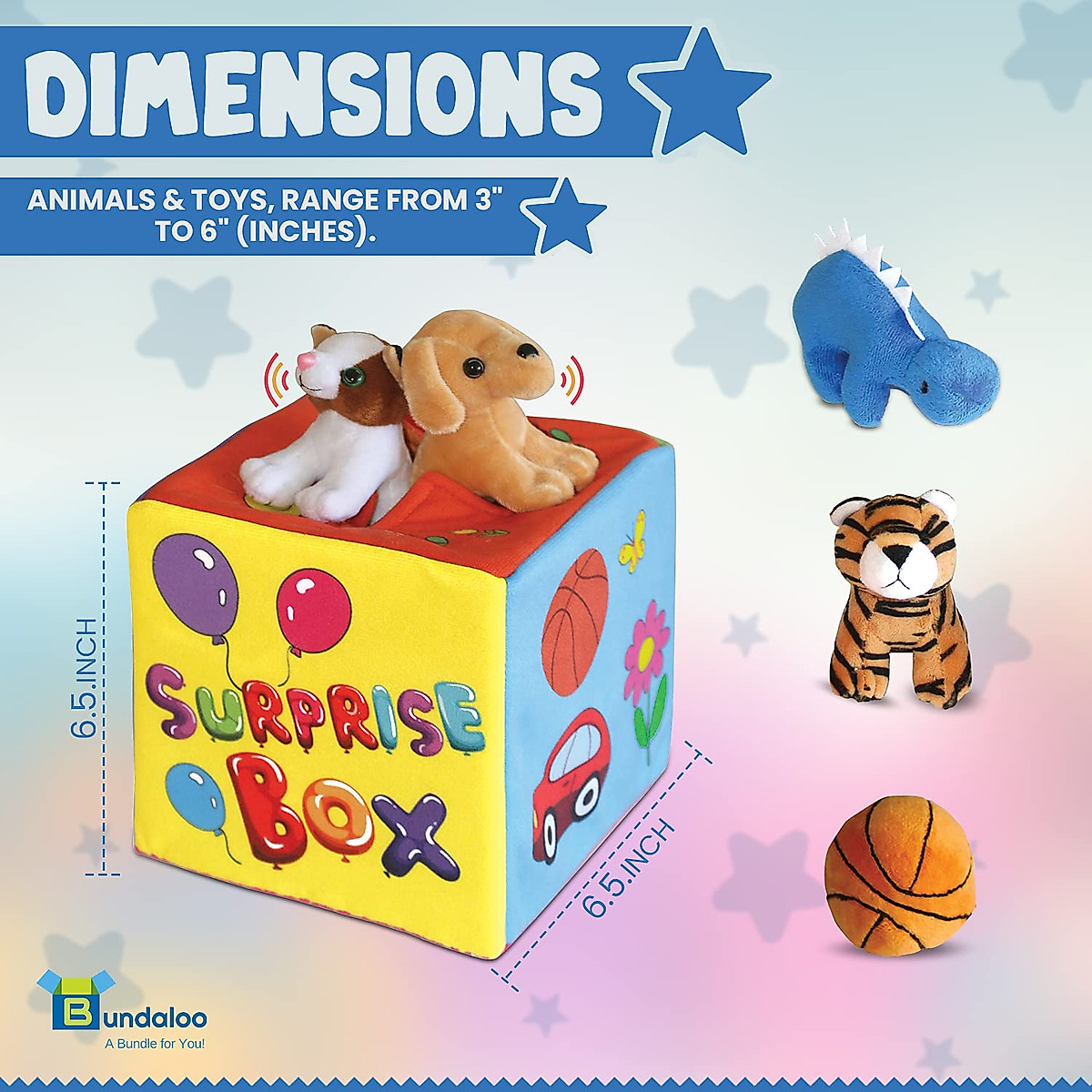 Bundaloo Surprise Box with 8 Plush Toys - Soft Sensory Playset of Stuffed Animals with Sounds for Babies & Toddlers