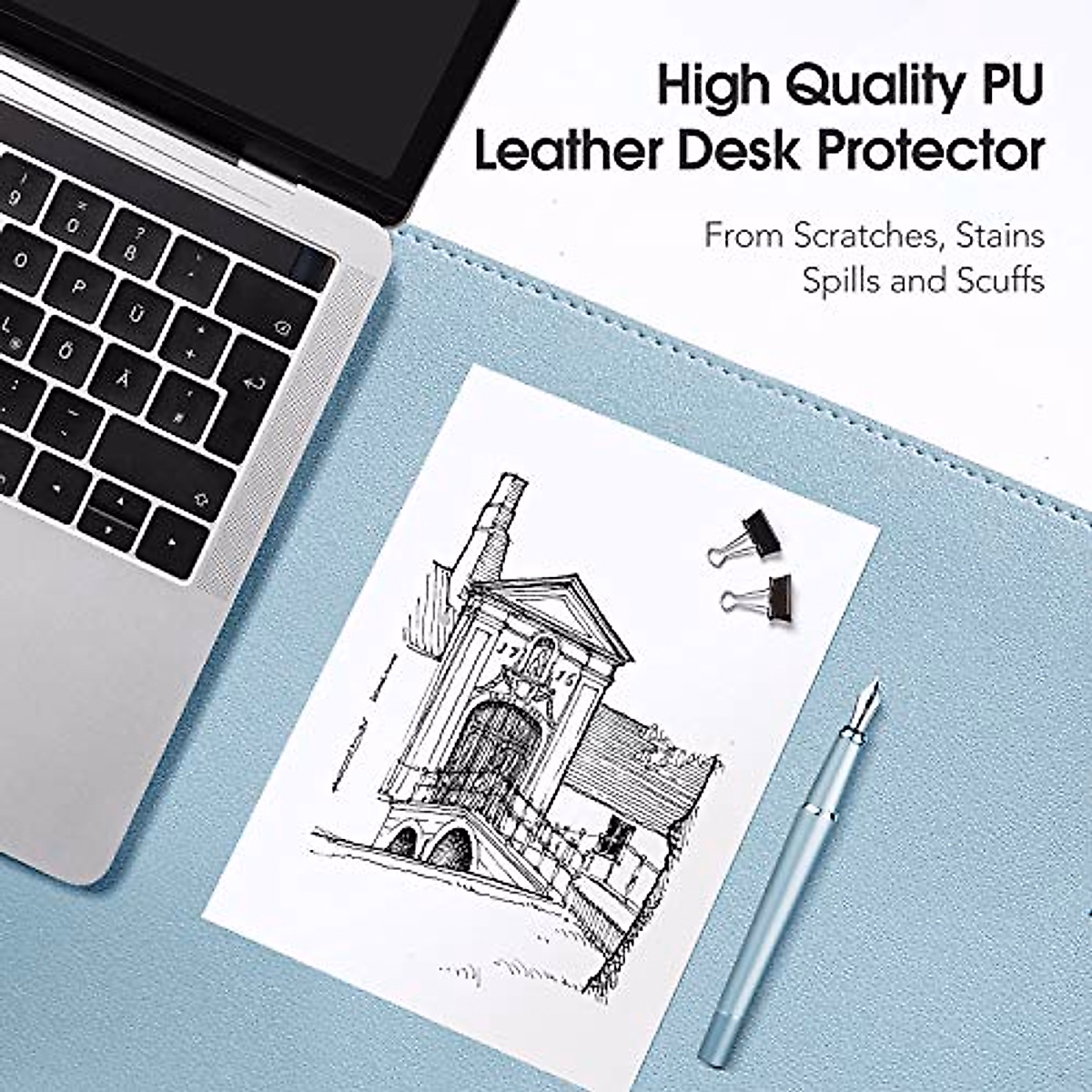 Dual-Sided Desk Pad Office Desk Mat, EMINTA Ultra Thin Waterproof PU Leather Mouse Pad Desk Blotter Protector, Desk Writing Mat for Office/Home (Light Blue/Silver, 31.5" x 15.7")