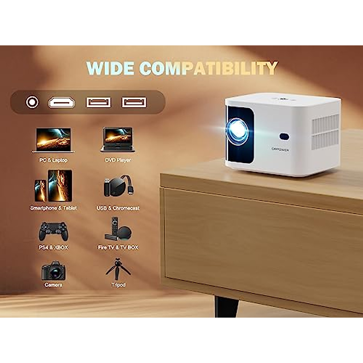 [Electric Focus] 5G WiFi Mini Bluetooth Projector 4K Support, 300 ANSI HD 1080P Portable Video Projector, ±40° Vertical Keystone|Zoom|Timer, DBPOWER Smartphone Projector Outdoor Movie for PC/TV(White)
