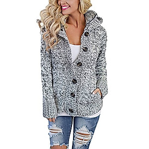 Sidefeel Women Hooded Knit Cardigans Button Cable Sweater Coat Small Grey
