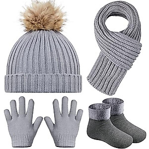 4 Pieces Kids Beanie Hat Scarf Gloves Socks Set Knit Winter Warm Set for Toddler (Grey)