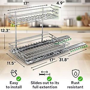 KOMFORA Cabinet Pull Out Organizer Shelves - 2-Tier Kitchen Under Sink Organizer - Heavy-Duty Cabinet Slide Out Drawer - Perfect Under Counter Organizer and Storage To Save Space