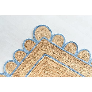 Rangneel Handloom Scalloped Sky Blue Border Jute Rugs, Scallop Boho Decor Handmade Rectangle Jute Rug (2x3 Feet)