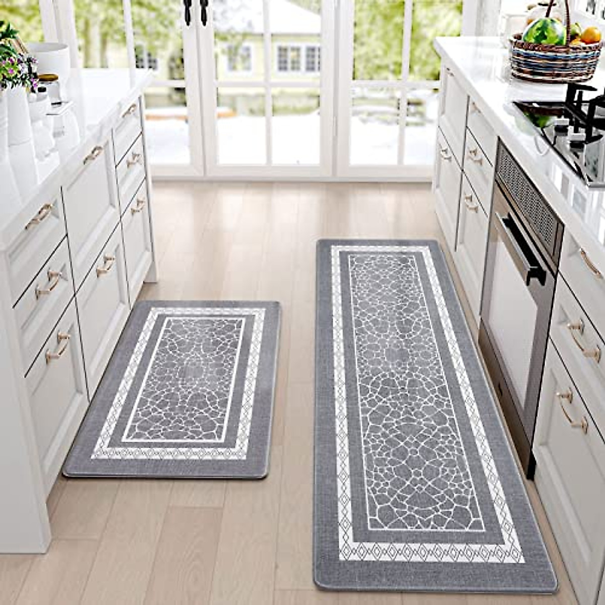 ASPMIZ Kitchen Mat 2 PCS Cushioned Anti-Fatigue Kitchen Rugs Non Slip Memory Foam Kitchen Mats and Rugs Waterproof Kitchen Floor Comfort Mats for Home & Office, 18'' x 48'' + 18'' x 30'', Grey Texture