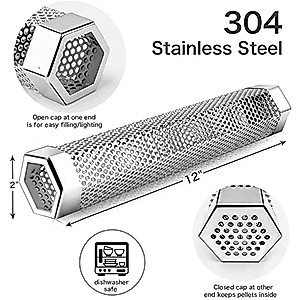 Pellet Smoker Tube, 12'' Stainless Steel Wood Pellet Smoke Tube for Cold/Hot Smoking, Portable Barbecue BBQ Smoke Generator Works with Electric Gas Charcoal Grill Smokers (Hexagon Tube+2Hooks)