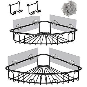 COSYLAND Corner Shower Shelf Set of 2, Stainless Steel 304, Shower Basket without Drilling, for Bathroom/Kitchen/Bedroom, with Self-Adhesive Mat, 4 Pieces and 2 Hooks, Black
