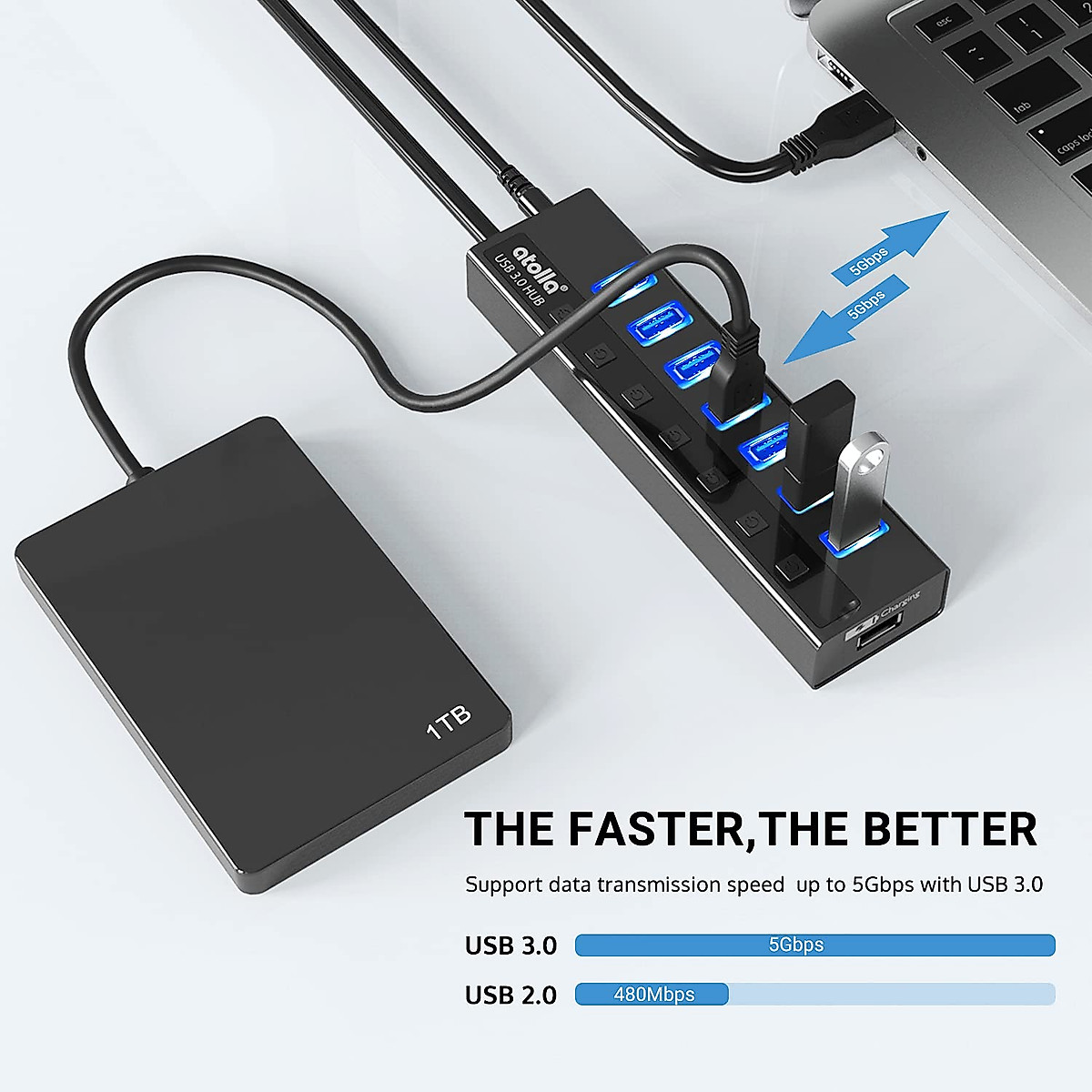 atolla Powered USB 3.0 Hub, 7 Ports USB Data Hub Splitter Plus 1 Smart Charging Port USB Extension Including Individual Switches and 5V/4A Power Adapter
