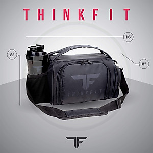 ThinkFit Insulated Meal Prep Lunch Box with 6 BPA-Free, Reusable, Microwavable, Freezer Safe Food Portion-Control Containers, Shaker Cup, Pill Organizer, Lunch Bag with Storage Pocket - (Black)