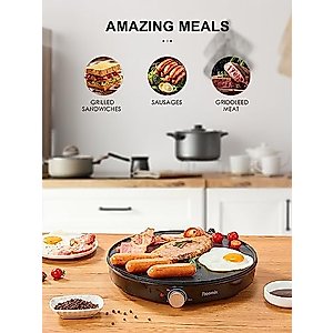 Crepe Maker Machine, Reemix Compact Pancake Griddle Precise Temperature Control, Nonstick 12” Electric Griddle, Batter Spreader for Eggs, Pancakes, Omelets and Quesadillas, Includes Spatula, Spreader