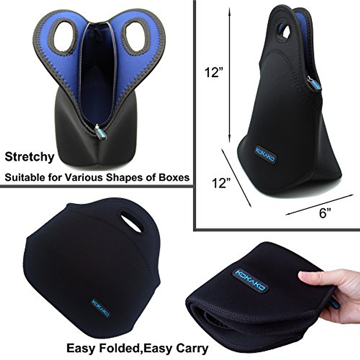 Lunch Bag Neoprene Lunch Box by KoKaKo Tote Washable Insulated Waterproof for Men Women Kids(Black)