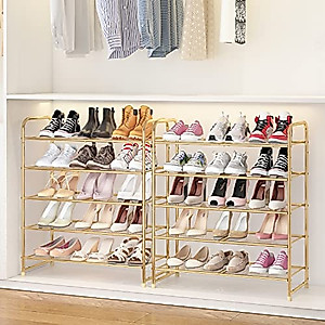 Simple Trending 5-Tier Stackable Shoe Rack, Expandable & Adjustable Shoe Shelf Storage Organizer, Metal Mesh, Gold