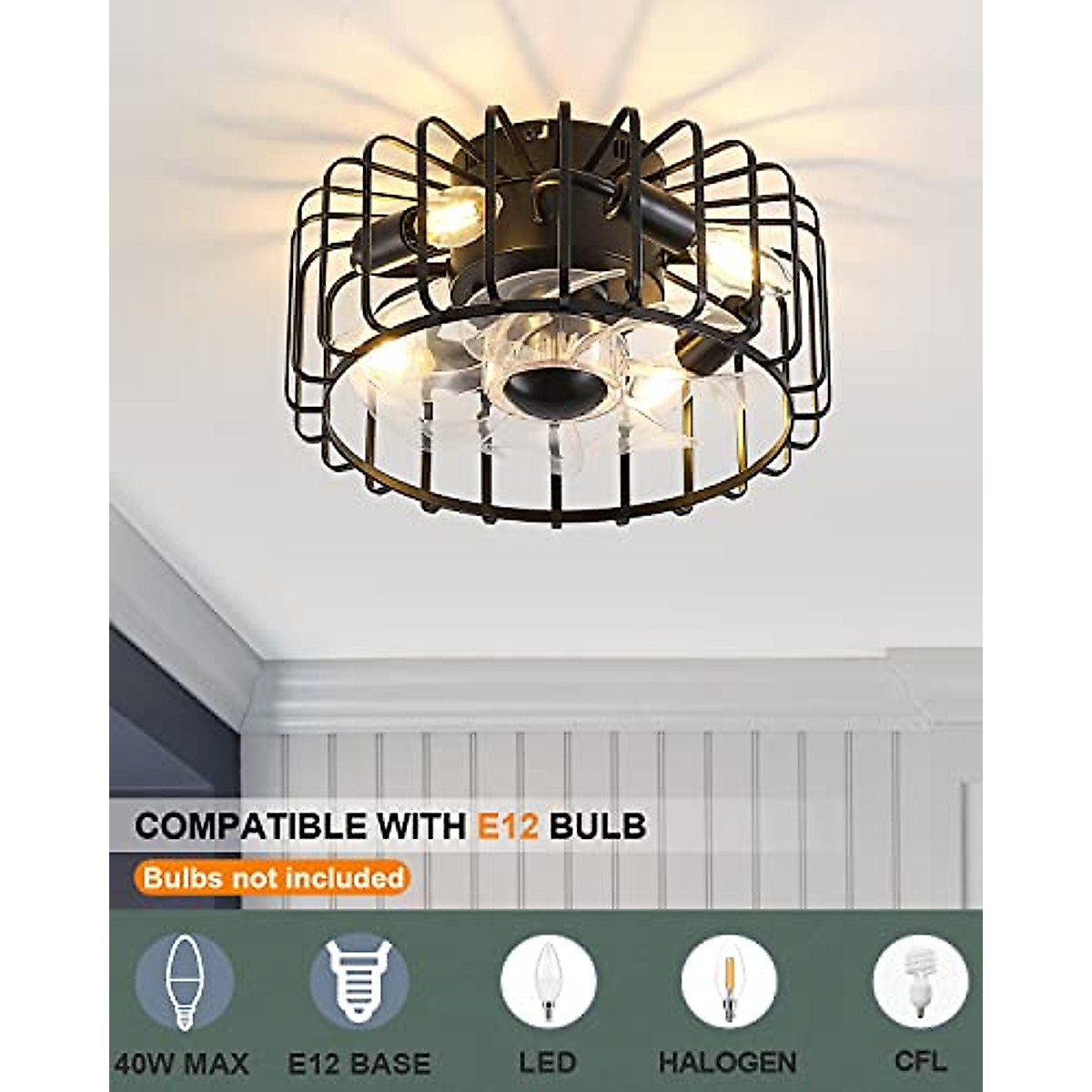 MIAOMEIO 13'' Low Profile Small Flush Mount Farmhouse Industrial Caged Ceiling Fan with Lights, 6 Speed Bladeless Black Ceiling Fan with Remote Control for Living Room, Bedroom, Kitchen (Black)