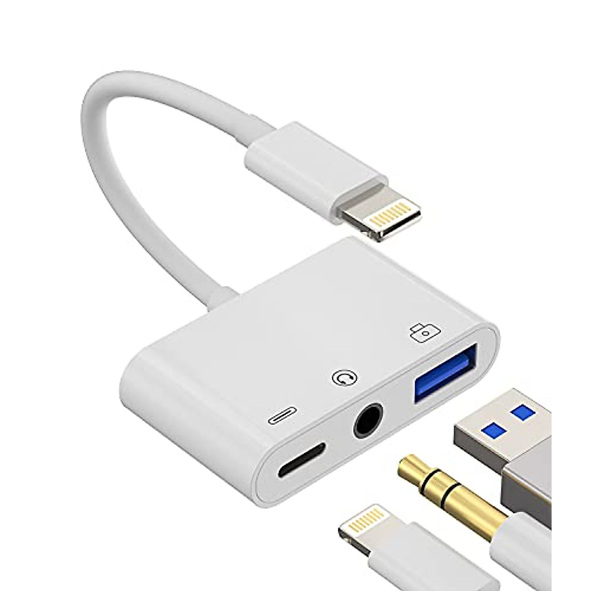 Compatible for iPhone Headphone Adapter 3.5mm AUX Audio Jack Charger Dongle Earphone Splitter Compatible with Lightning Male to USB Female OTG Power Charging Camera MIDI Connector for Apple for ipad