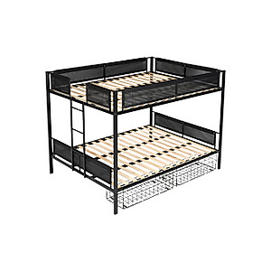 DNYN Queen Over Queen Bunk Bed with Storage Drawers & Wood Slat Support & Ladder & Safety Rails for Kids/Adults,Space Saving Design & No Box Spring Needed,Perfect for Dorm,Bedroom,Guest Room, Black