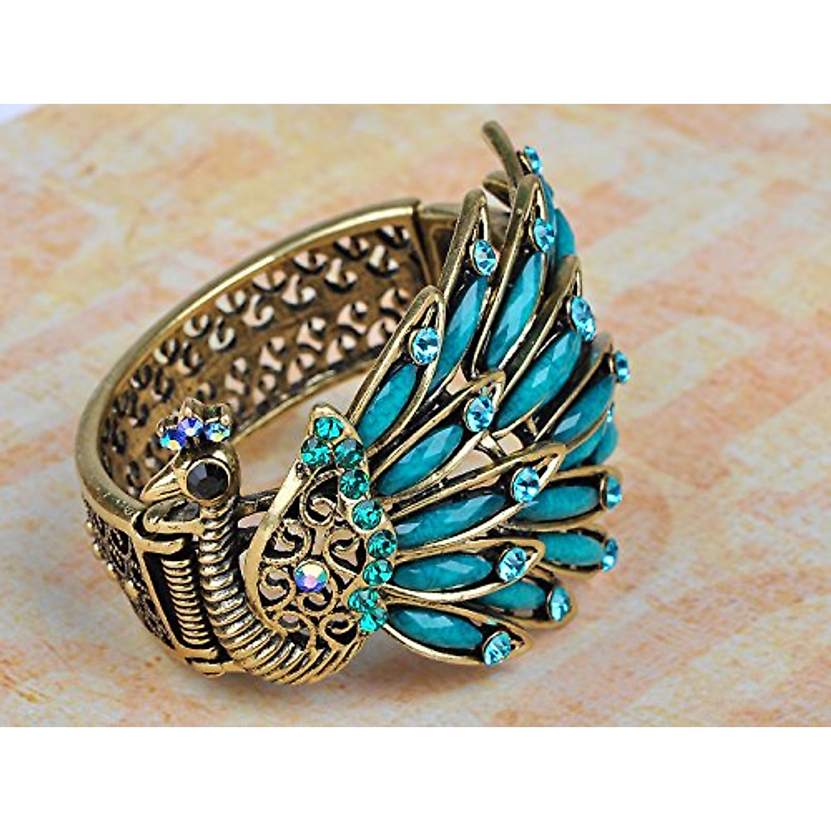 Alilang Womens Antique Golden Tone Peacock Bracelet Bangle With Turquoise Blue Gems, Blue