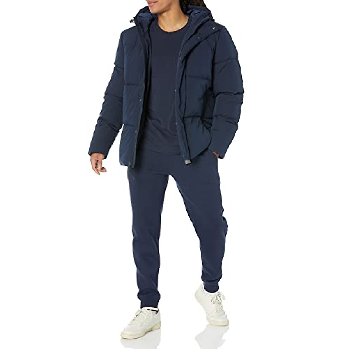 Amazon Essentials Men's Recycled Polyester Mid-Length Hooded Puffer (Available in Big & Tall), Navy, Large