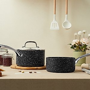 HLFRG Saucepan Set with Lid, Nonstick 2Qt & 3Qt Sauce Pan Set with Lid, Small Pot with Lid, Natural Granite Nonstick Saucepan Set, Small Sauce Pots, Black Pot Set - 2Qt & 3Qt