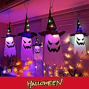 BVPKTO Halloween Decorations, 5-Pack LED Lantern String Lights, Wizard Hat Ghost Hanging Lights, Spooky Atmosphere Halloween Party Decorations for Indoor Porches or Patio Gardens (Ghost)