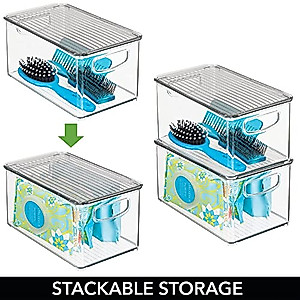 mDesign Deep Plastic Bathroom Storage Bin Box, Lid/Built-in Handles, Organization for Makeup, Hair Styling Tools, Toiletry Accessories in Cabinet, Shelves, Ligne Collection, 2 Pack, Clear/Smoke Gray