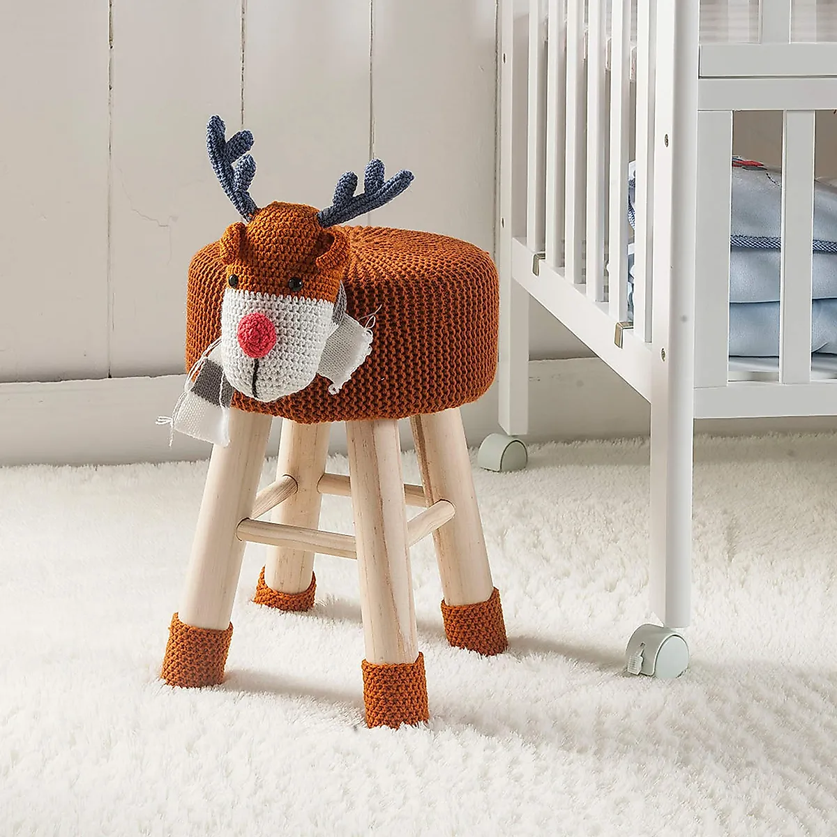 AC Pacific Woodland Deer Stool for Kids, Animal Themed Wooden Ottoman Chair with Soft Plush Fabric, Sturdy Pine Wood Legs, Ideal for Playrooms, Nurseries or Living Rooms, Cinnamon