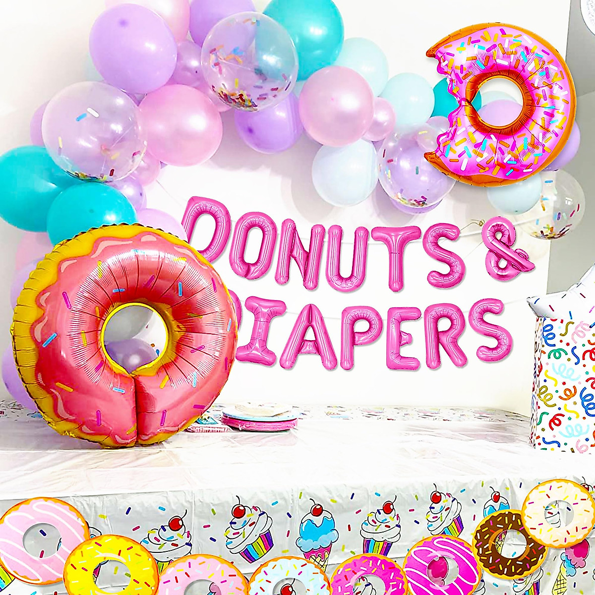JeVenis Pink Donuts Baby Shower Decorations Donuts and Diaper Sign Backdrop Sweet Donuts Baby Shower Decors Doughnut Theme Baby Shower Backdrop Banner
