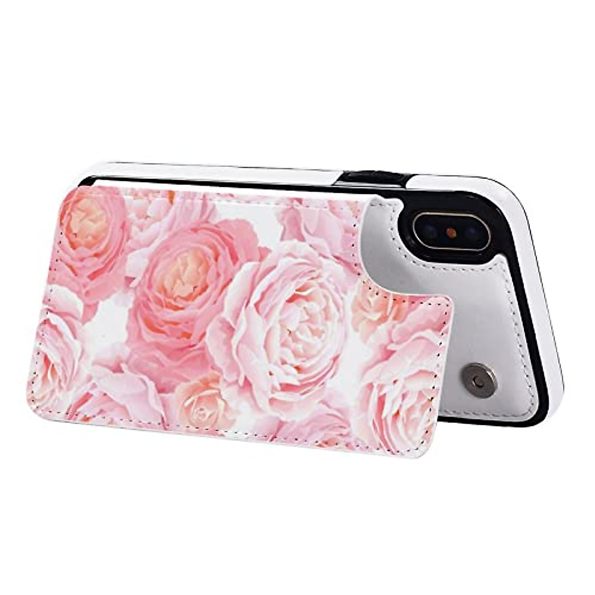 Elegance Color Pink Roses Wallet Phone Cases Fashion Leather Design Protective Shell Shockproof Cover Compatible with iPhone X/XS