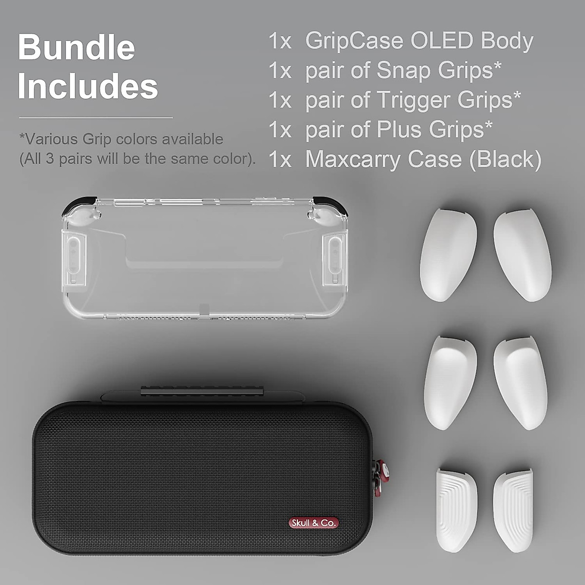 Skull & Co. GripCase OLED Bundle: A Dockable Transparent Protective Case with Replaceable Grips [to fit All Hands Sizes] for Nintendo Switch OLED Model- OLED White