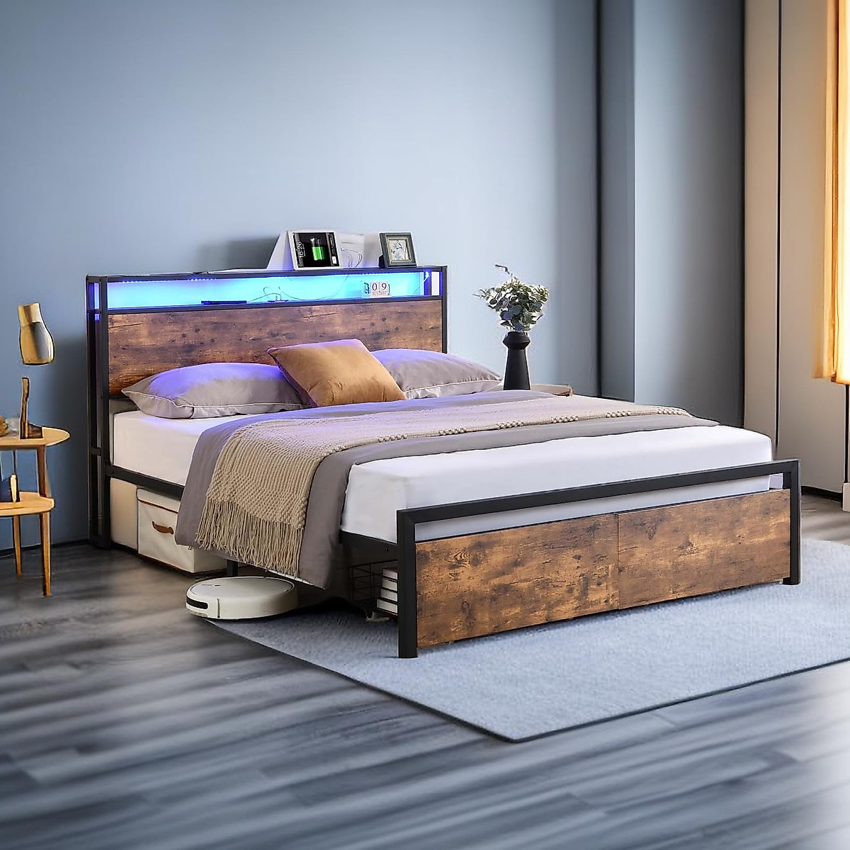 FTOPBTB Industrial Queen Size Bed Frame with Storage Headboard and 2 Drawers, LED Smart Bed Frame with Charging Station, Metal Platform Bed No Noise, Metal Slats Support, No Box Spring Needed (Queen)
